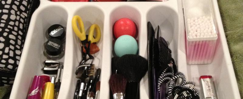 Organize your bathroom essentials with a silverware tray | The Fact Base